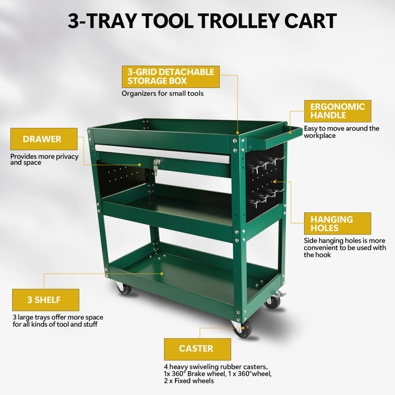 WFX Utility™ 3 Tier Rolling Tool Cart, Heavy Duty Utility Cart Tool Organizer with Storage ...